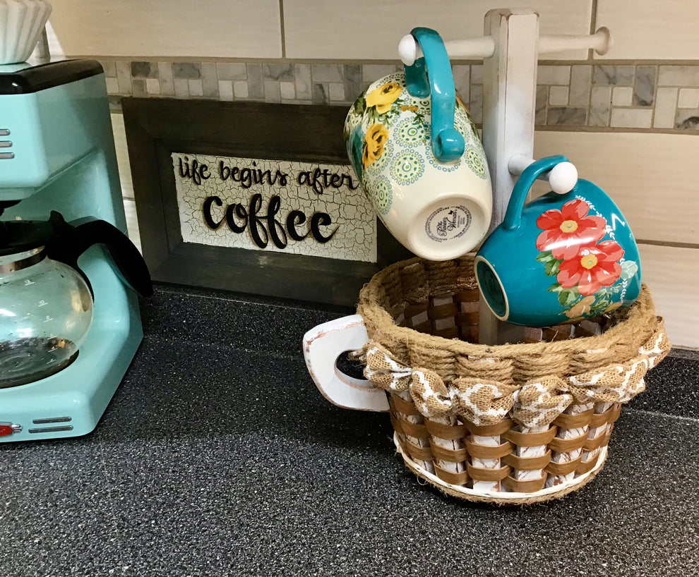 Coffee Mug Basket--Shabby Chic Collection w/ribbon – Foxcreek Baskets