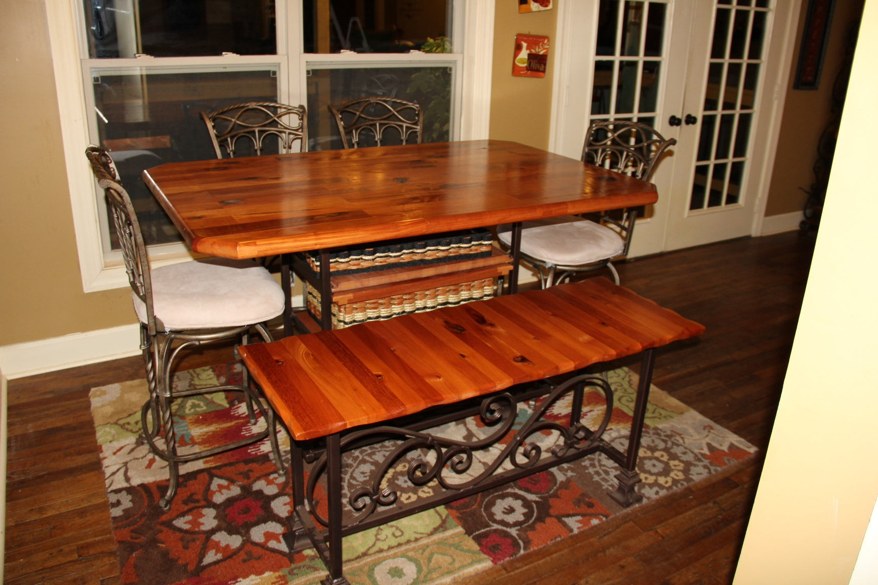 Table-40x60 distressed mahogany sq. steel frame w/bench and chairs ...